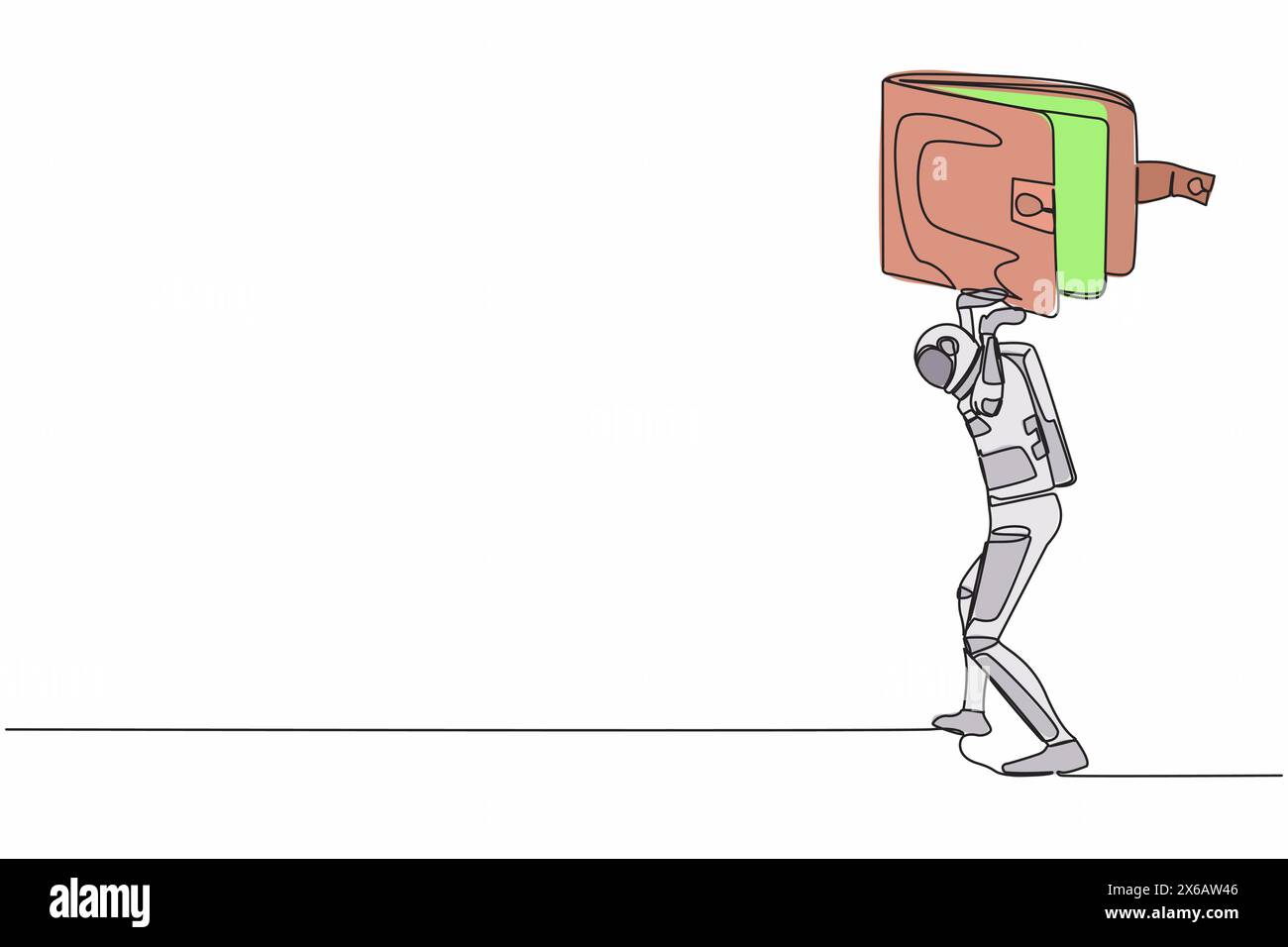 Single continuous line drawing of young astronaut carrying heavy wallet ...