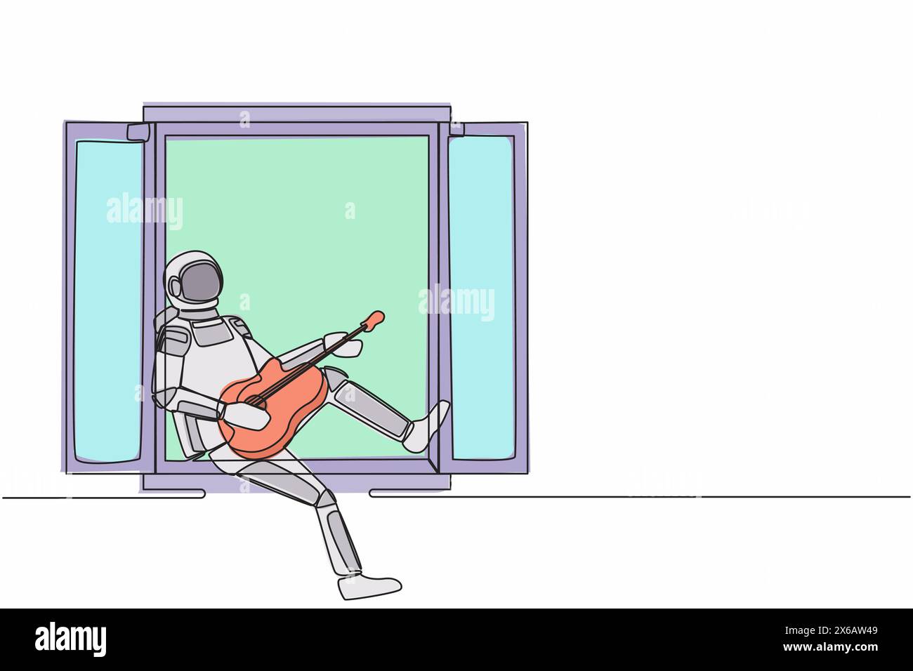 Single continuous line drawing young astronaut sitting on windowsill ...