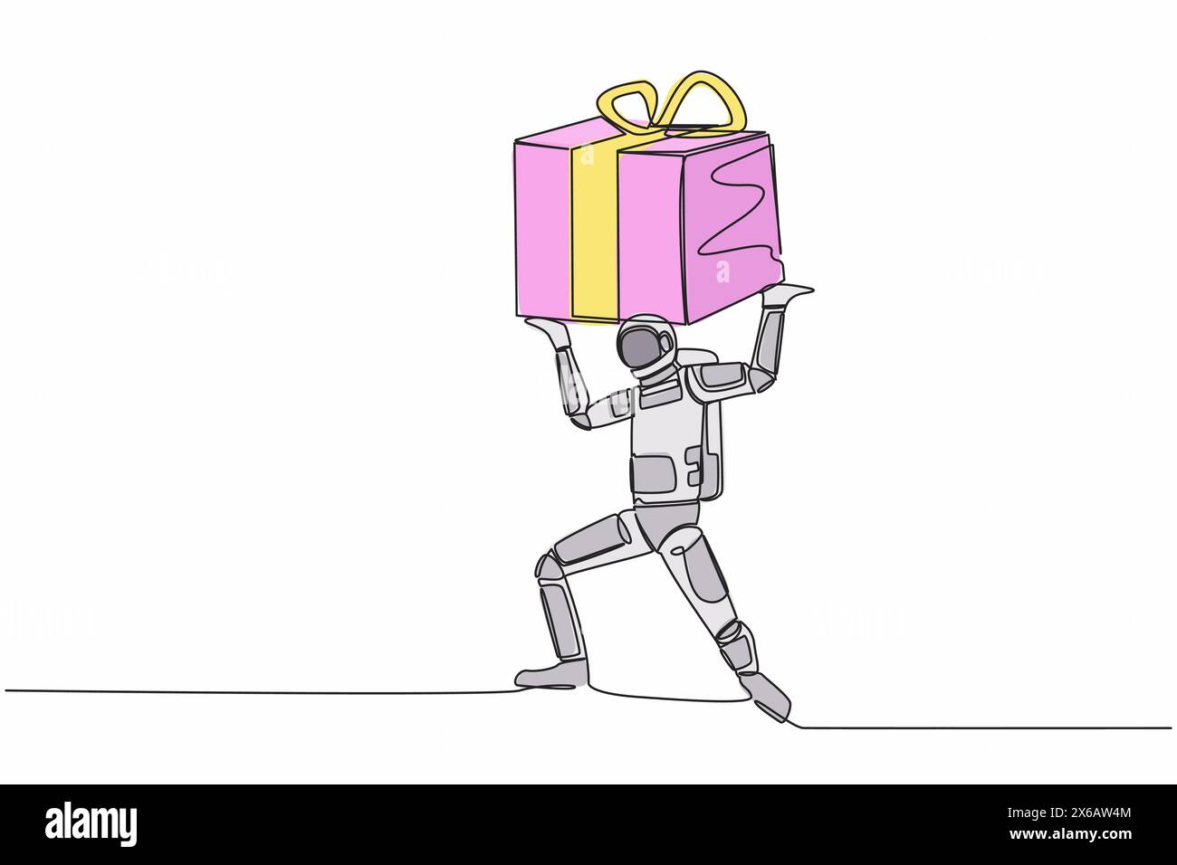 Single continuous line drawing young astronaut carrying heavy gift box ...
