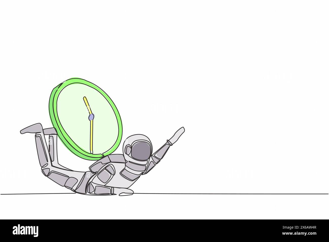 Continuous one line drawing of astronaut under heavy wall clock burden ...