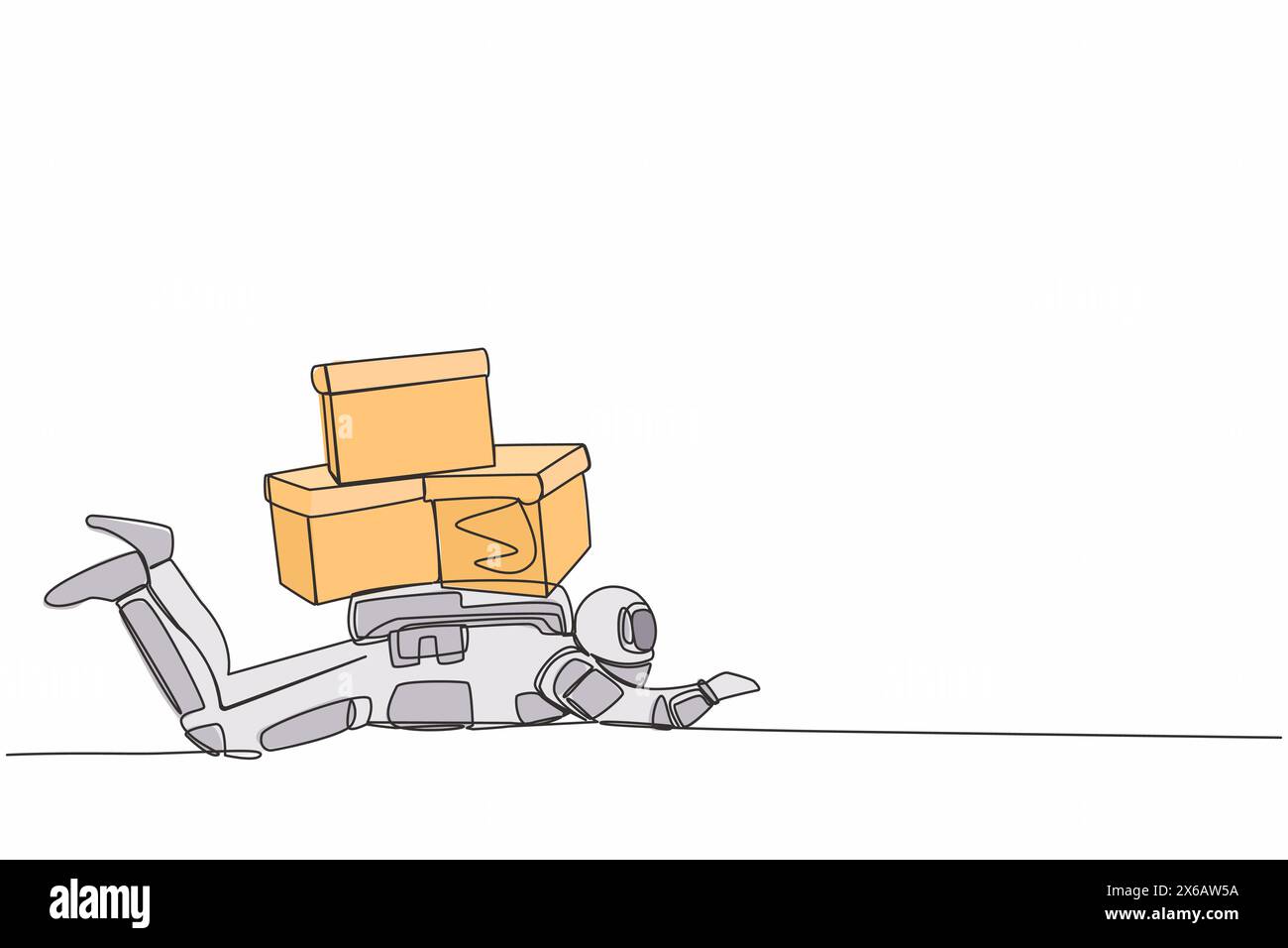 Single one line drawing of young astronaut under heavy pile of box ...
