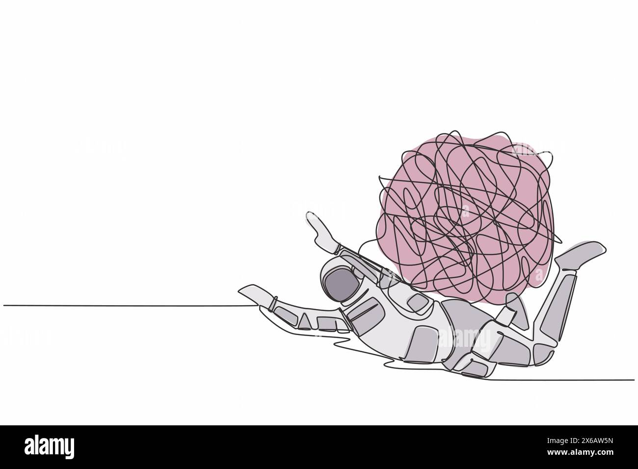 Continuous one line drawing young astronaut under heavy messy line ...