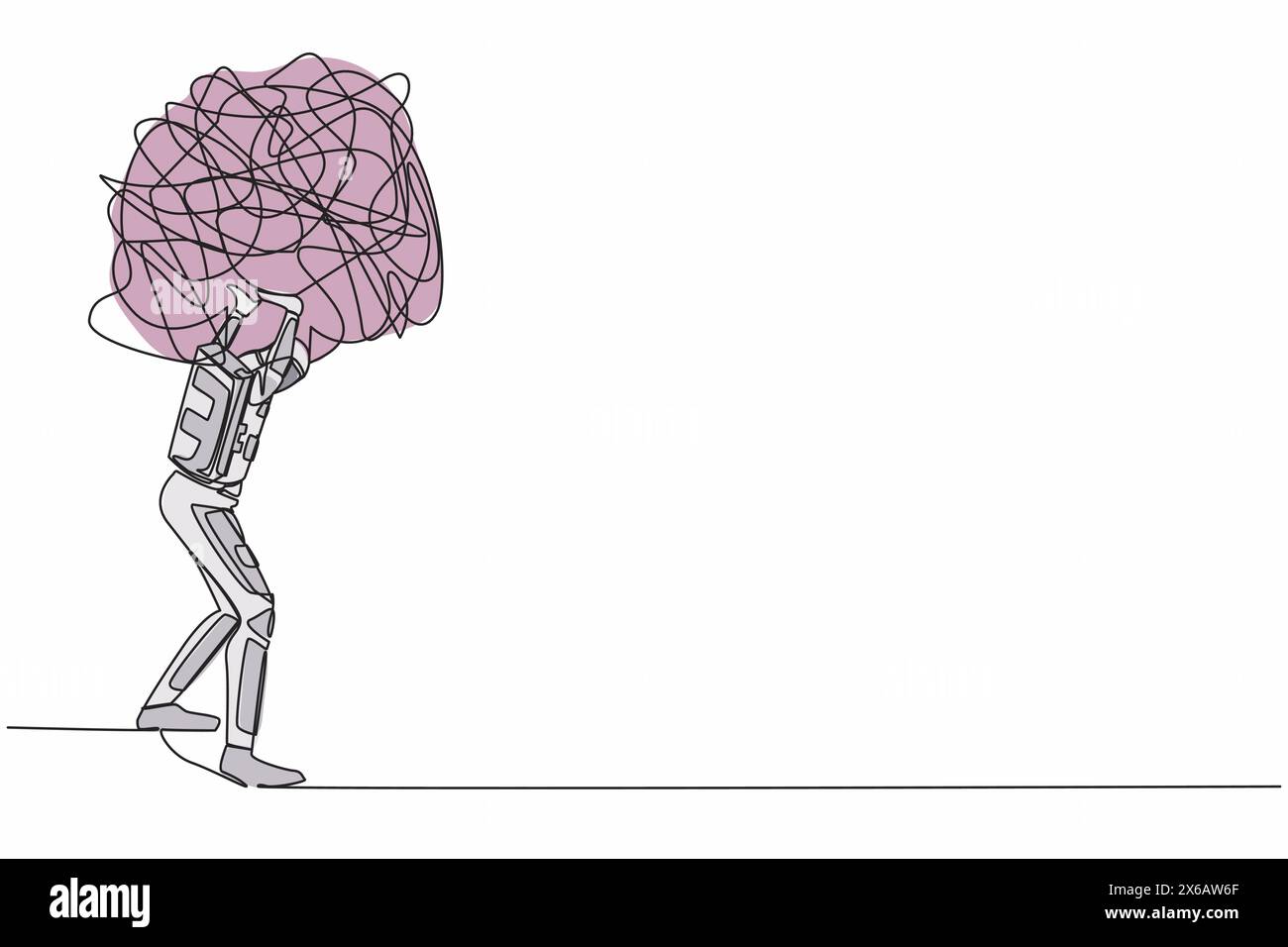 Single one line drawing young astronaut carrying heavy messy line on ...