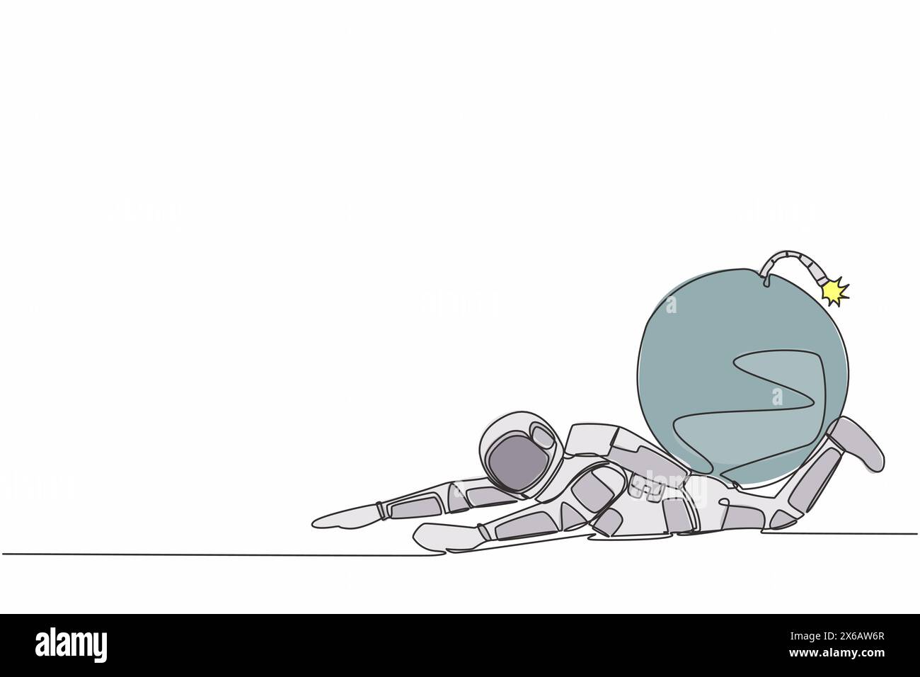 Continuous one line drawing astronaut under heavy bomb burden. Spaceship company in debt ...