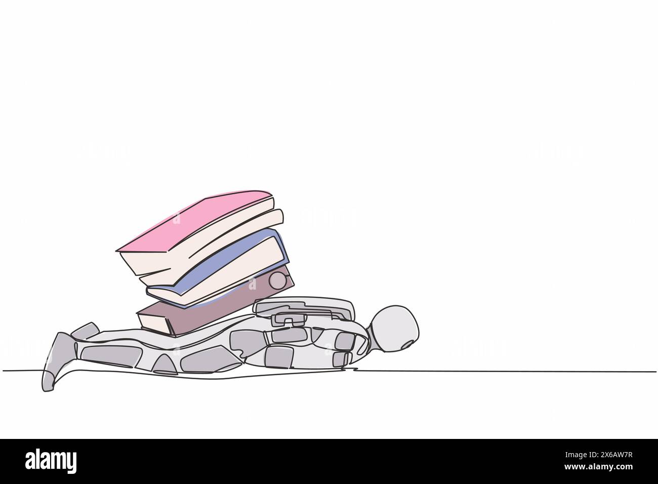 Continuous one line drawing young astronaut under heavy pile paper ...