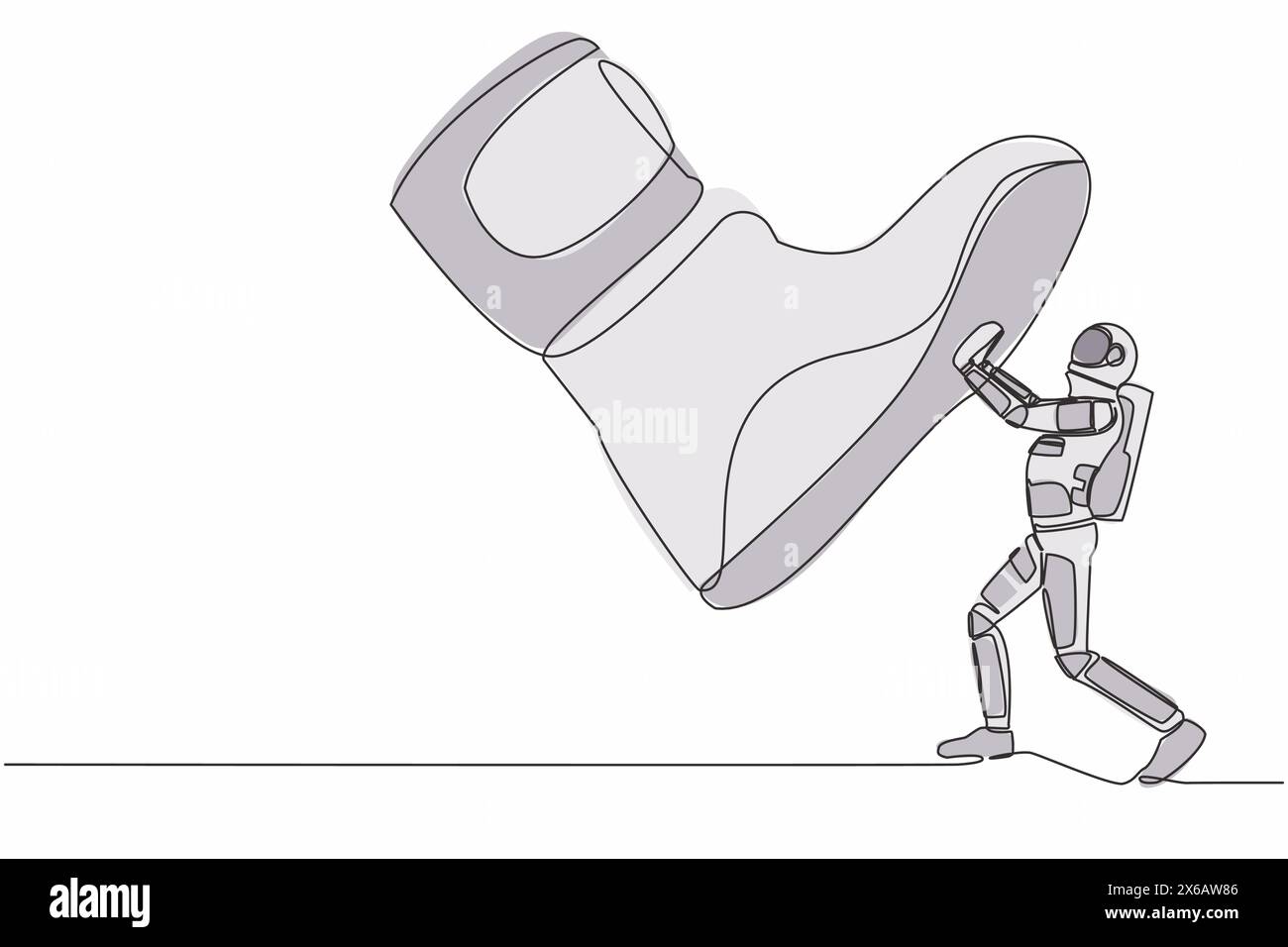 Single one line drawing young astronaut against giant shoes stomping ...