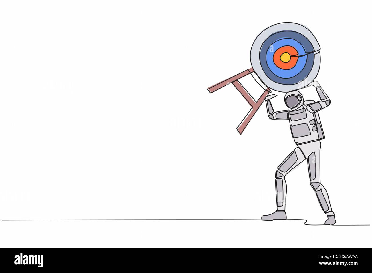 Continuous one line drawing young astronaut carrying heavy target on ...