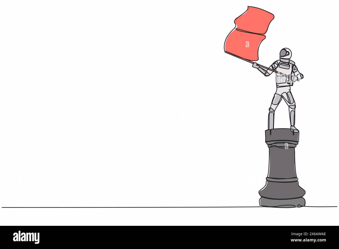 Continuous one line drawing astronaut standing on top rook chess and ...