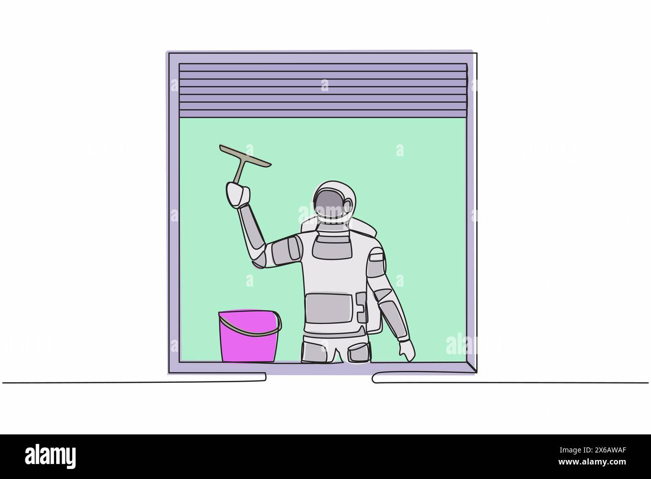 Single one line drawing young astronaut cleaning windows with bucket ...