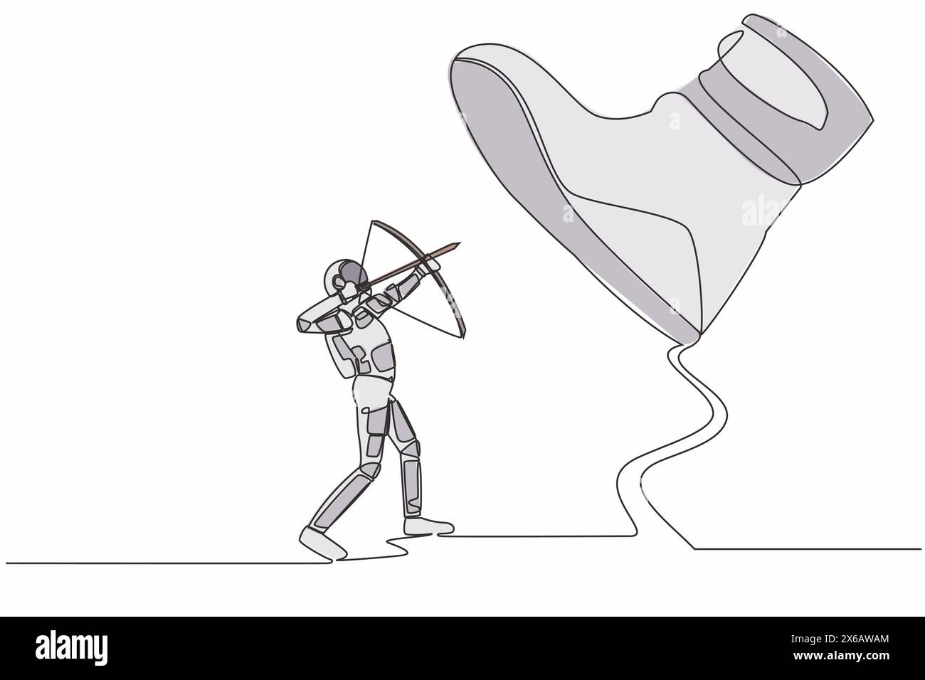 Single one line drawing young astronaut aiming bow against giant shoes ...