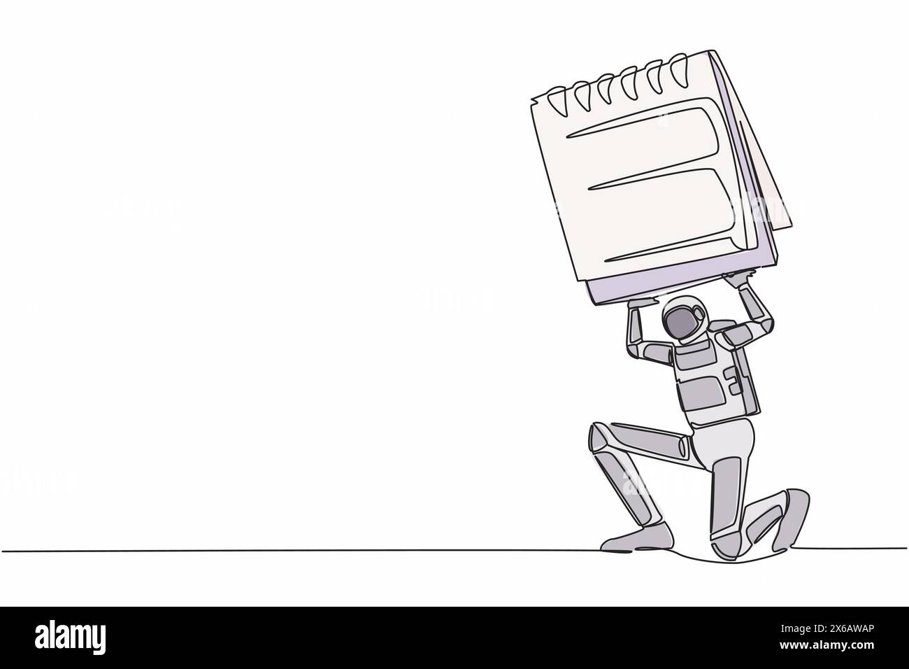 Continuous one line drawing young astronaut carrying heavy calendar on ...
