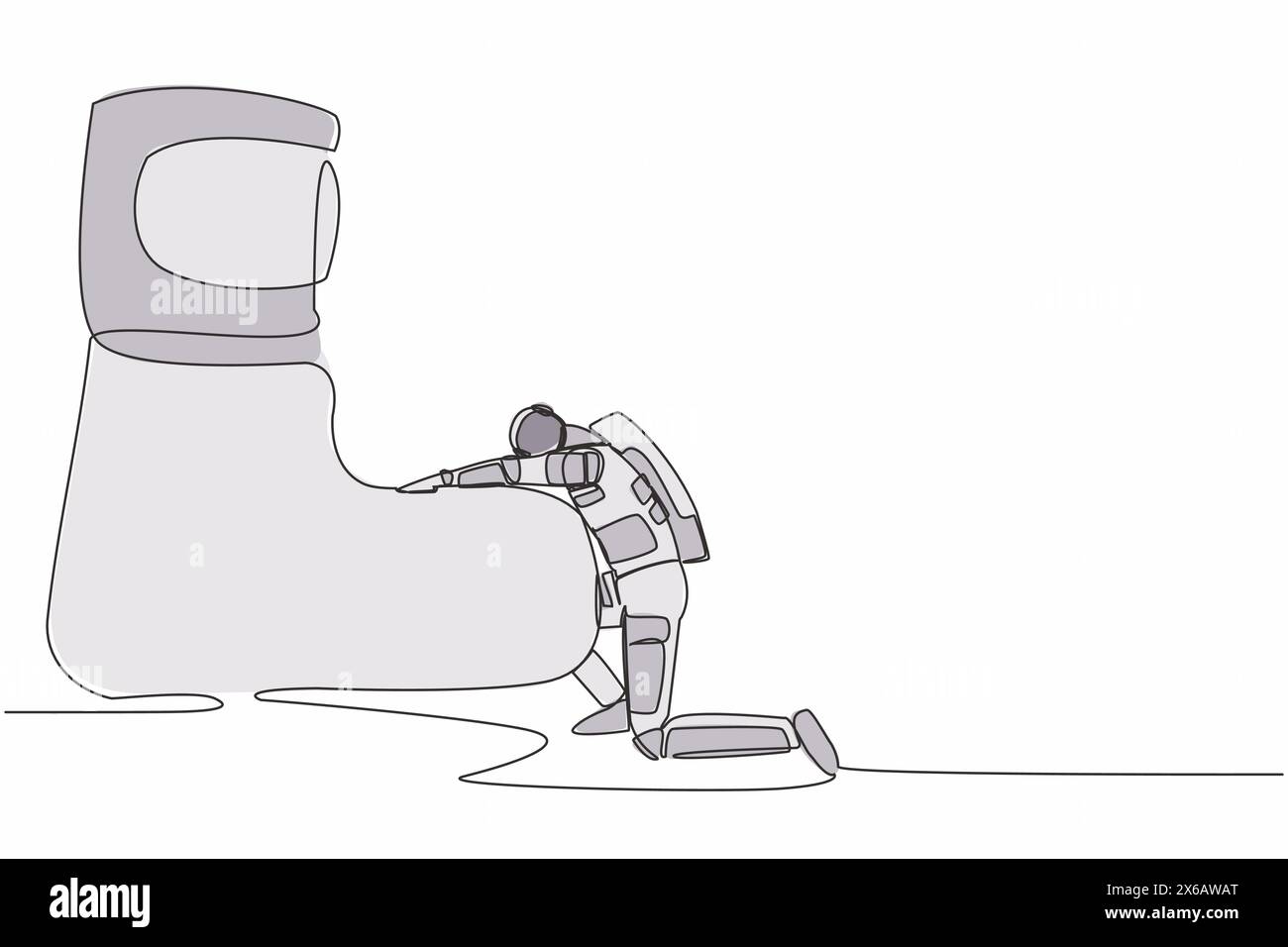 Single one line drawing young astronaut kneeling a giant foot or shoe ...