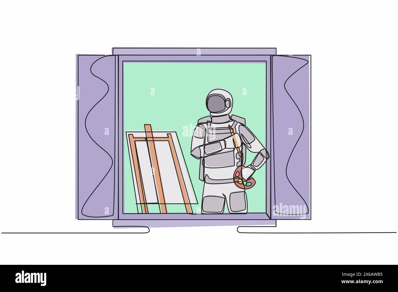 Continuous one line drawing astronaut painter drawing near window ...
