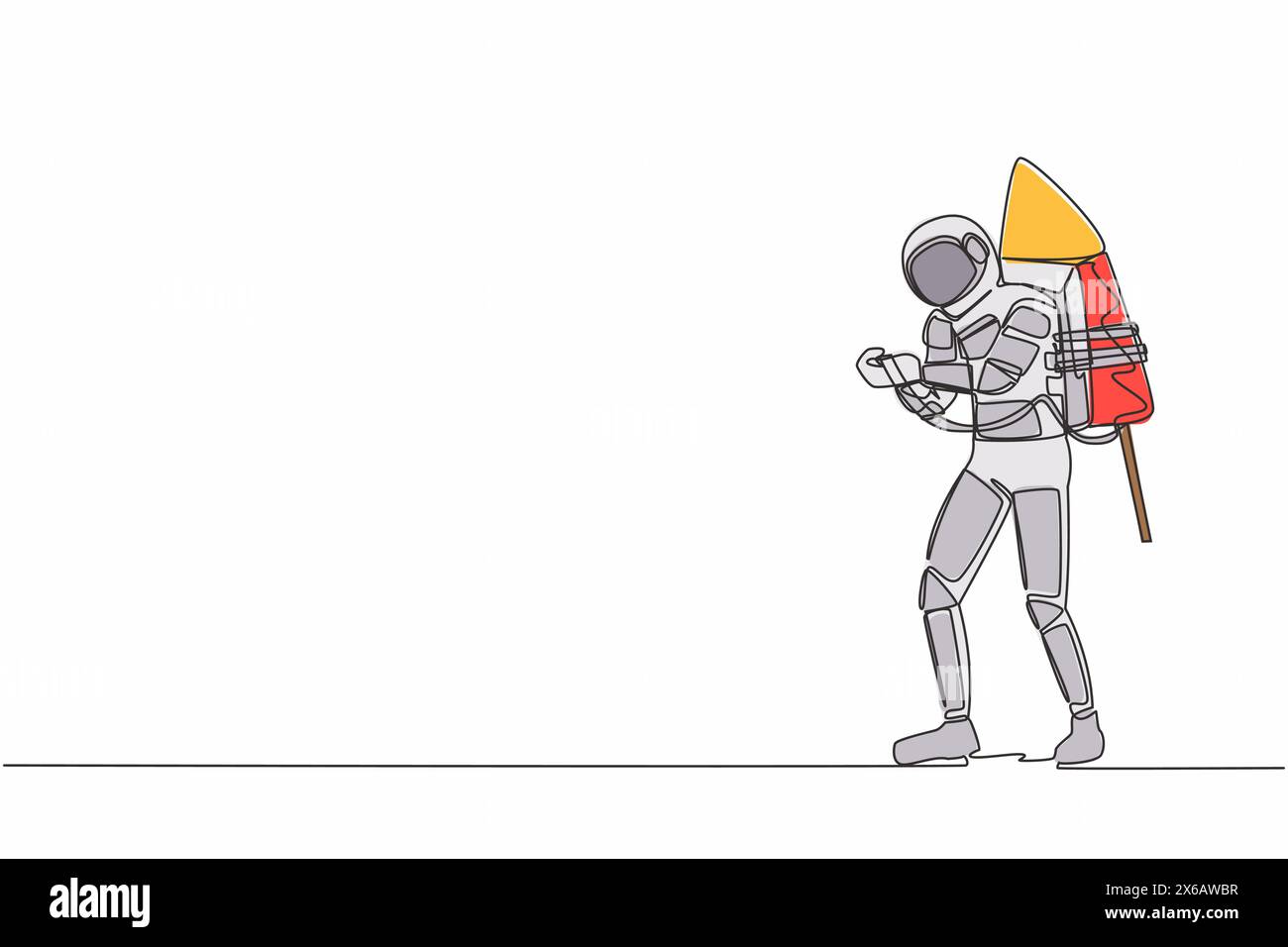 Single continuous line drawing astronaut ignites big fireworks rocket ...