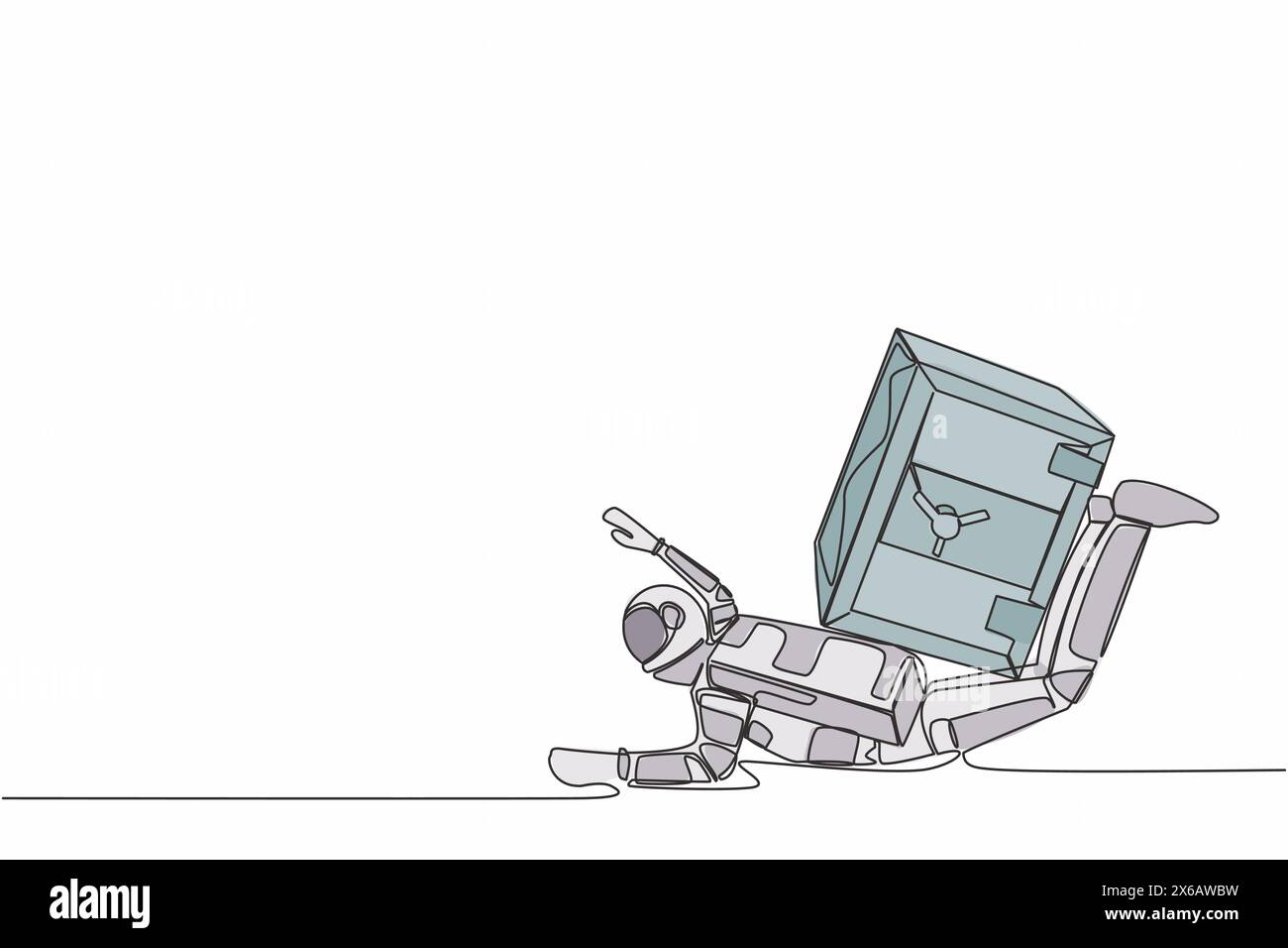 Continuous one line drawing young astronaut under heavy safe deposit ...