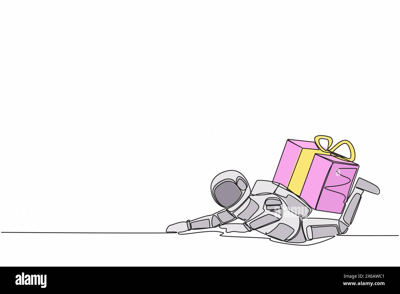 Single one line drawing of young astronaut under heavy gift box burden ...