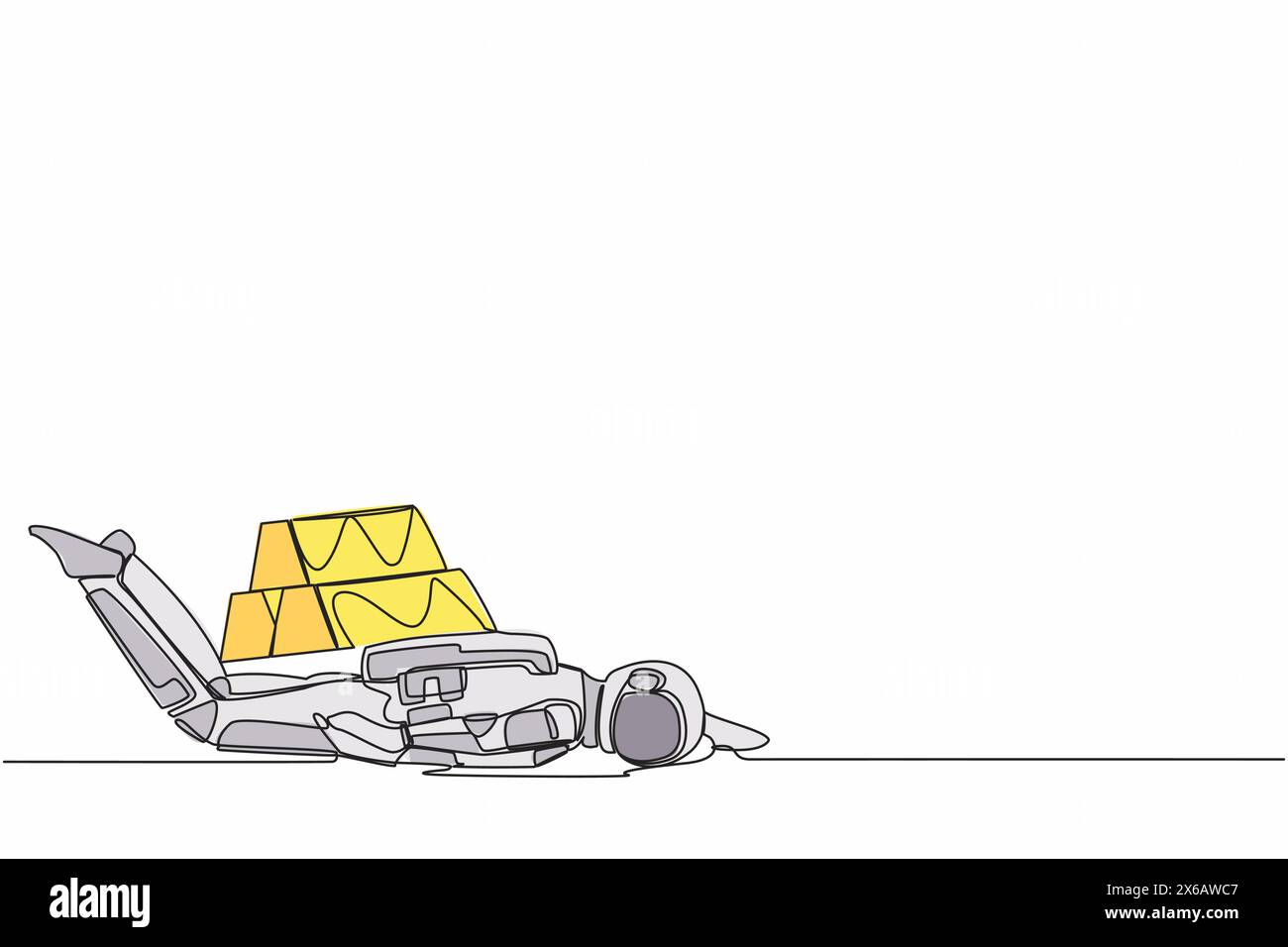 Continuous one line drawing astronaut under heavy gold bullion burden ...