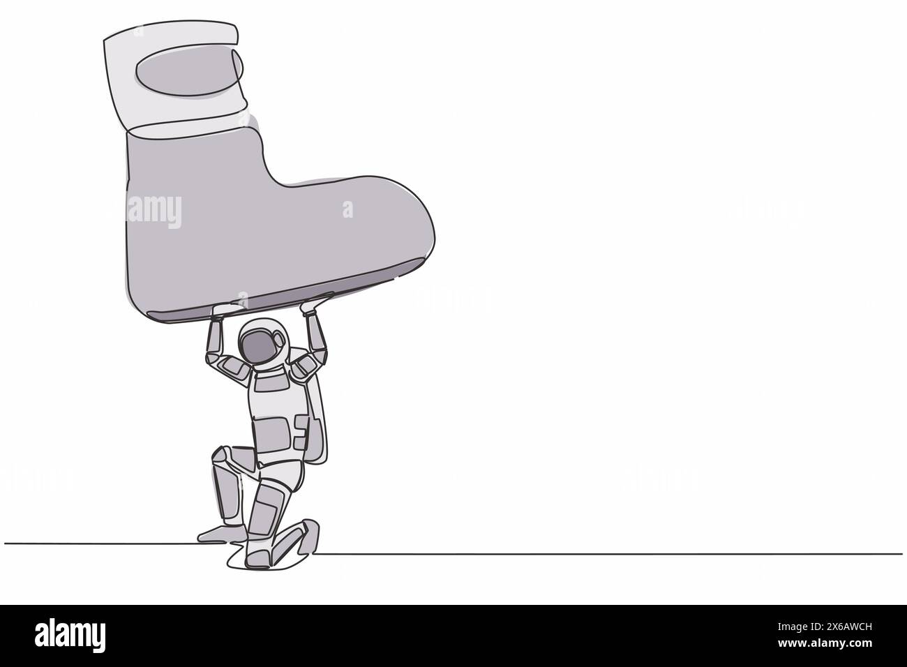 Continuous one line drawing young astronaut under giant feet stomping ...