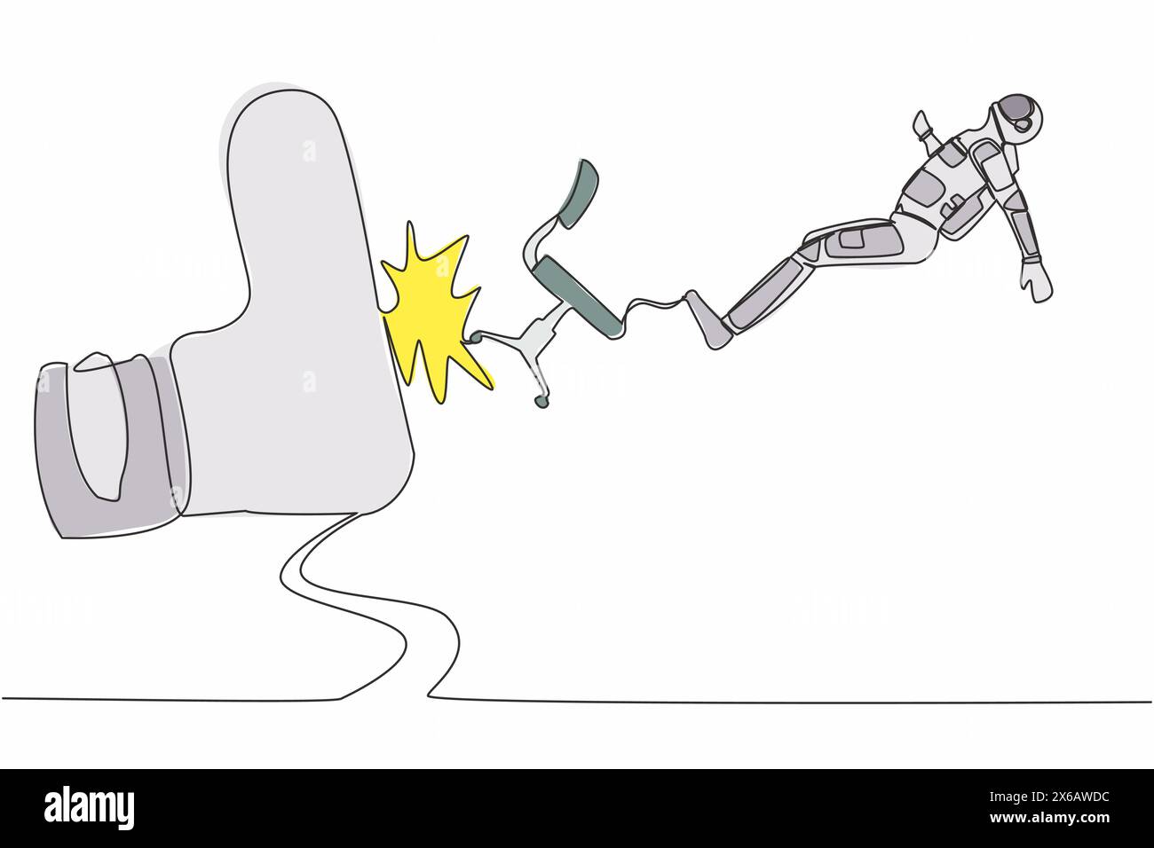 Continuous one line drawing young astronaut kicked out by big foot from ...