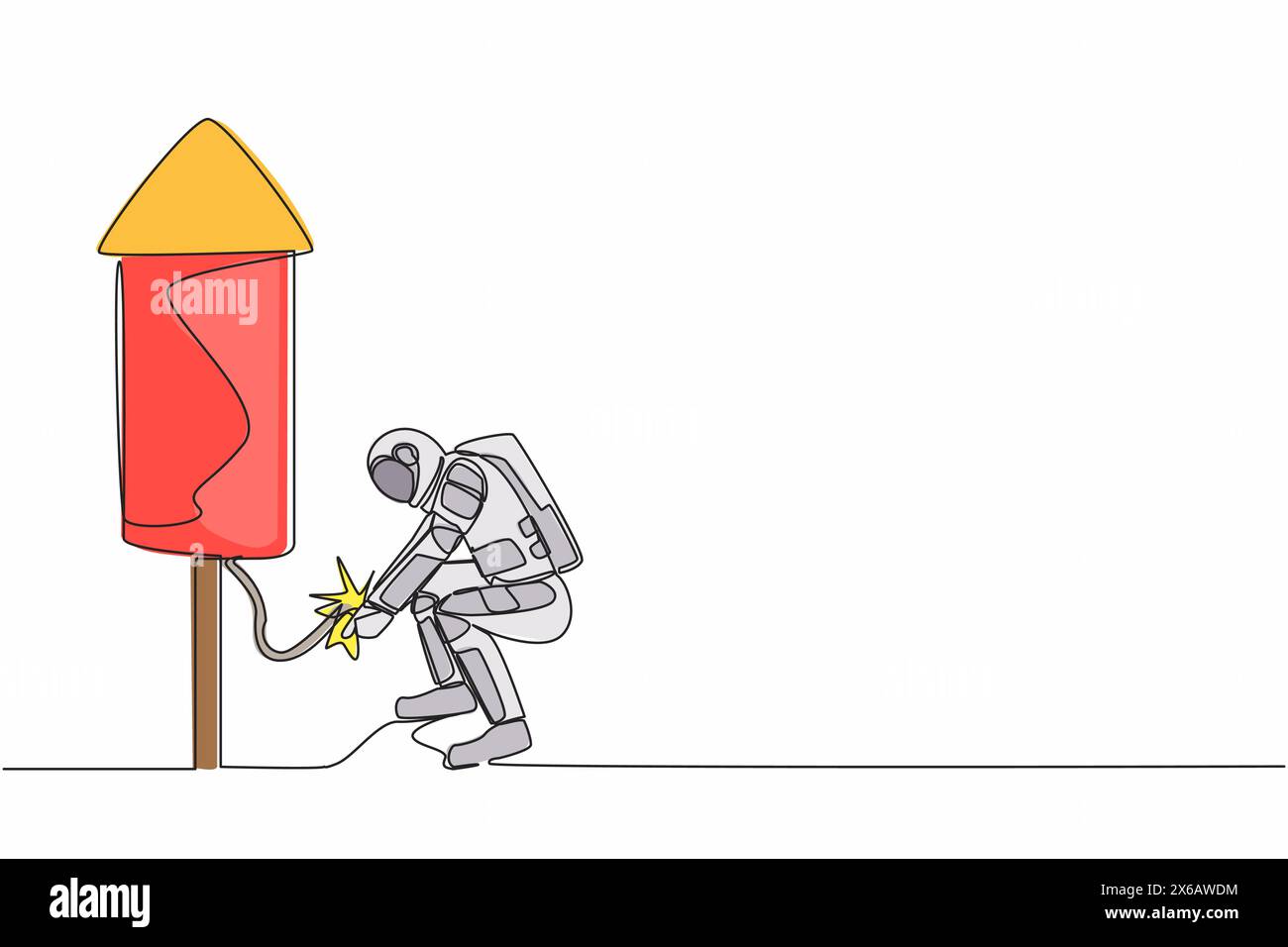 Single one line drawing young astronaut launching firework rocket. Grow ...