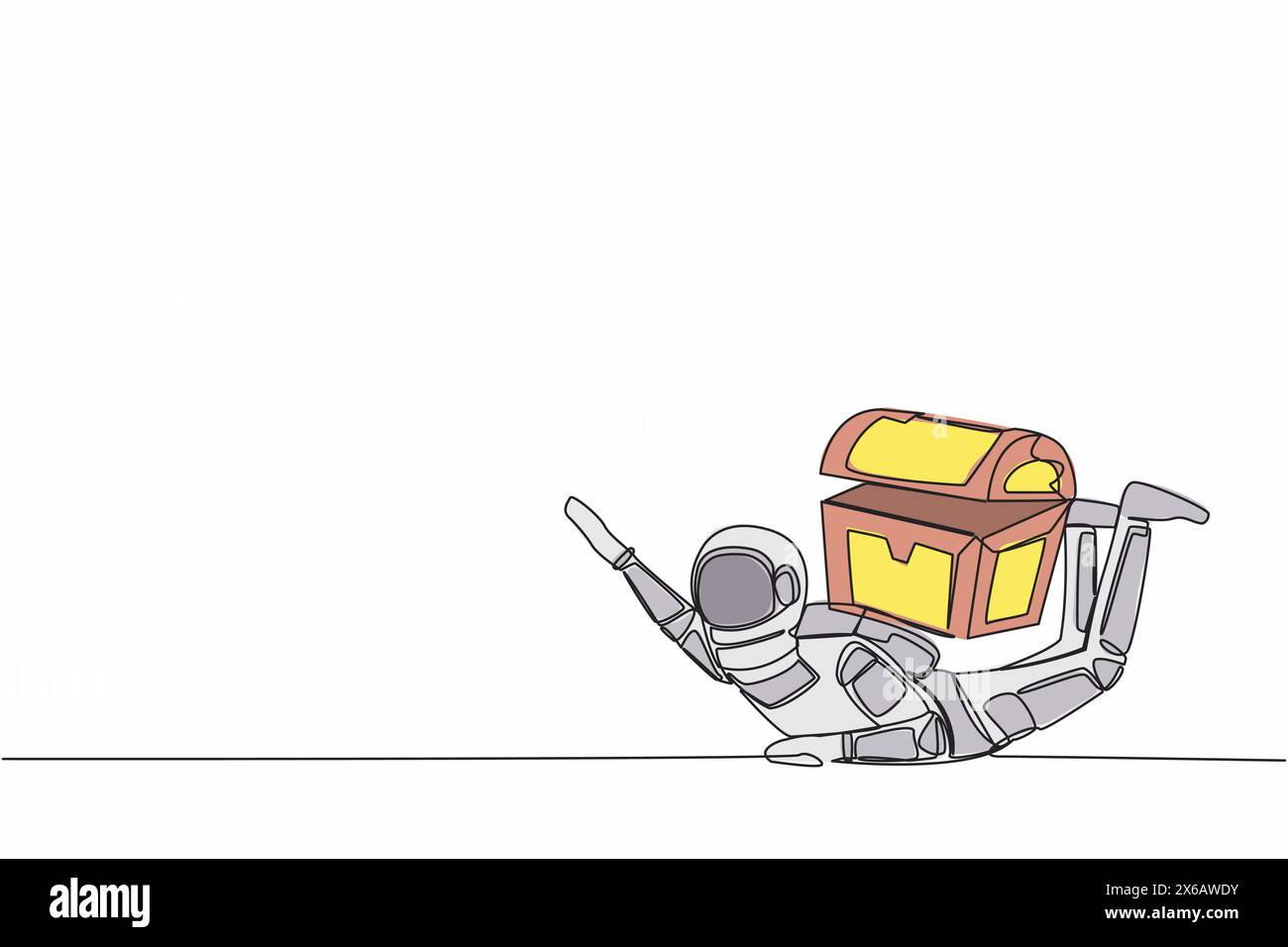 Single continuous line drawing young astronaut under heavy treasure ...
