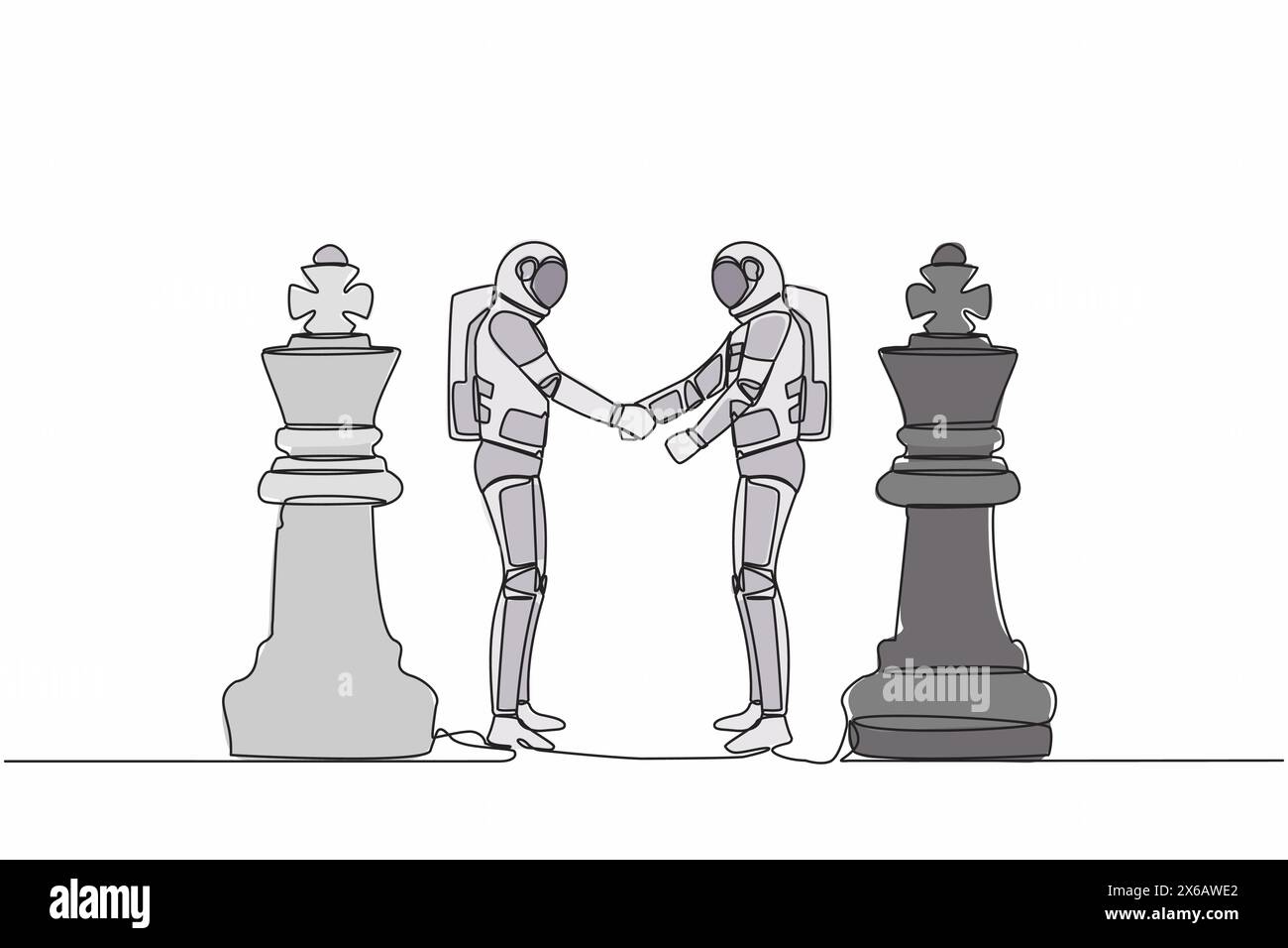 Continuous one line drawing of two astronaut shaking hands together while standing between of ...