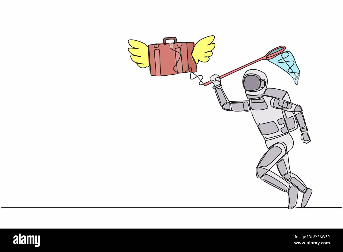 Single one line drawing young astronaut try to catch flying briefcase ...