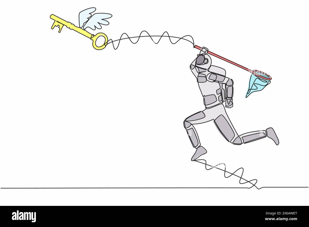 Single continuous line drawing of young astronaut try to catching ...