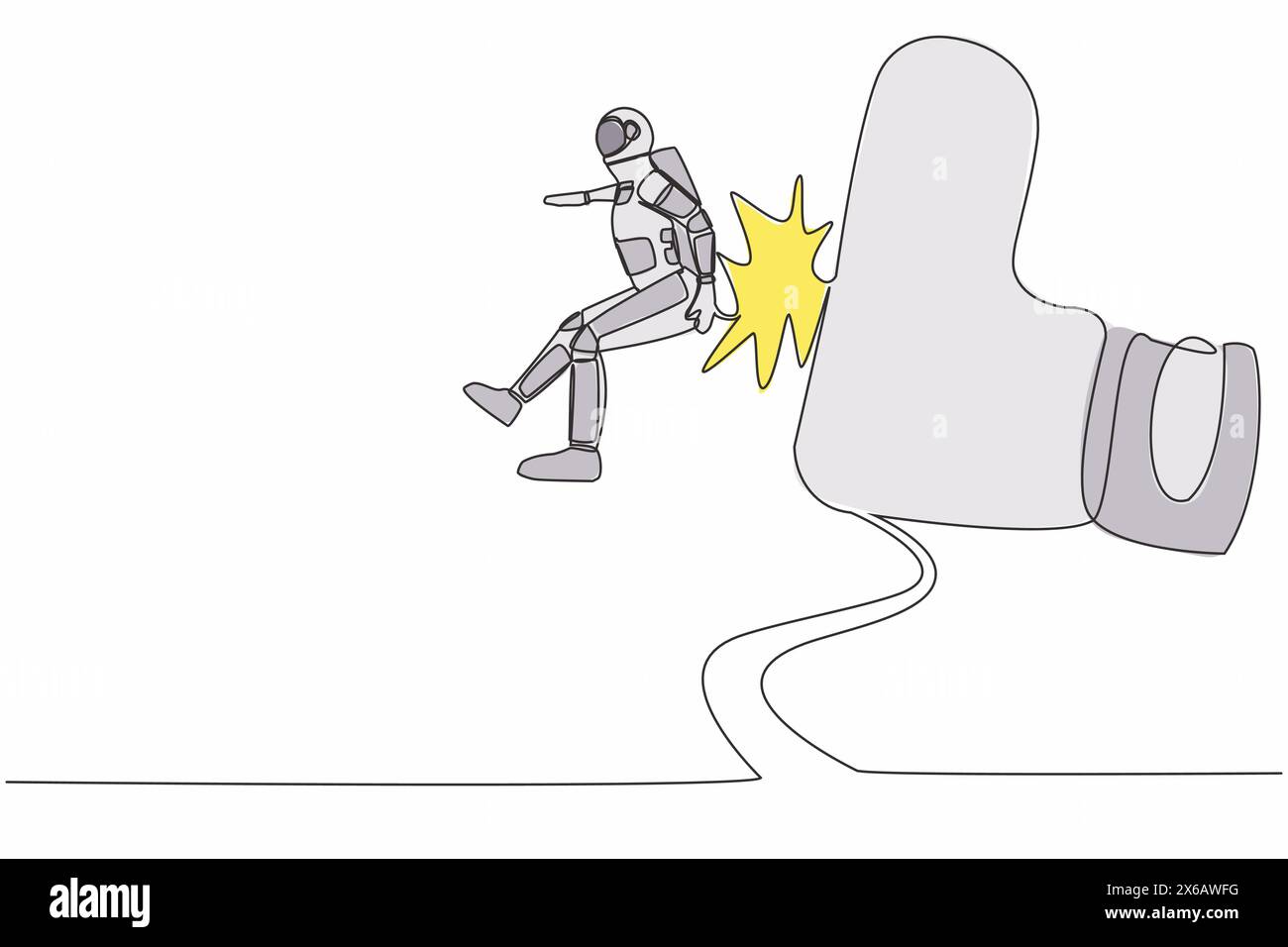 Continuous one line drawing young astronaut getting fired, flying ...