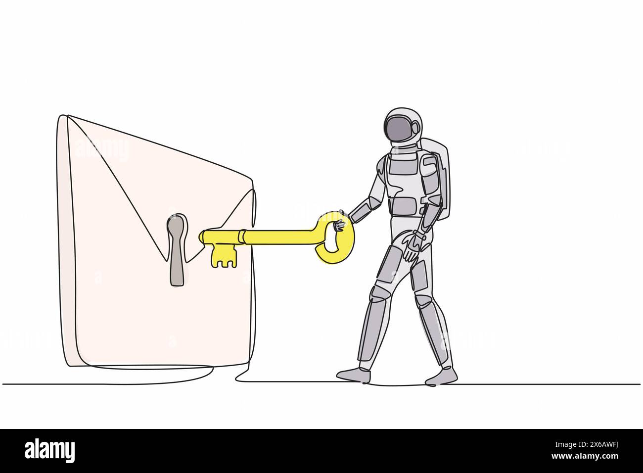 Single continuous line drawing astronaut putting big key into mail ...