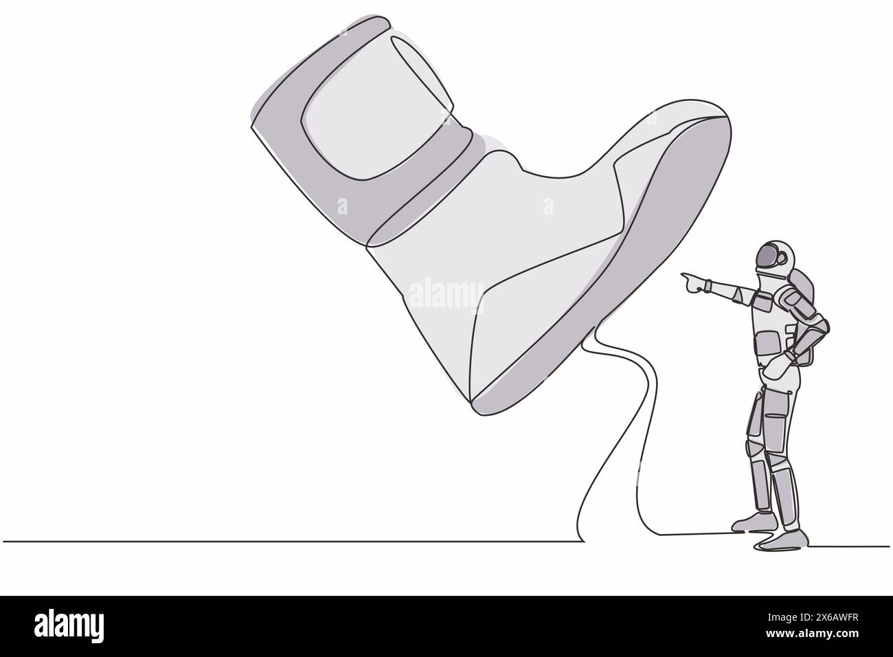 Continuous one line drawing young astronaut facing against giant shoes ...