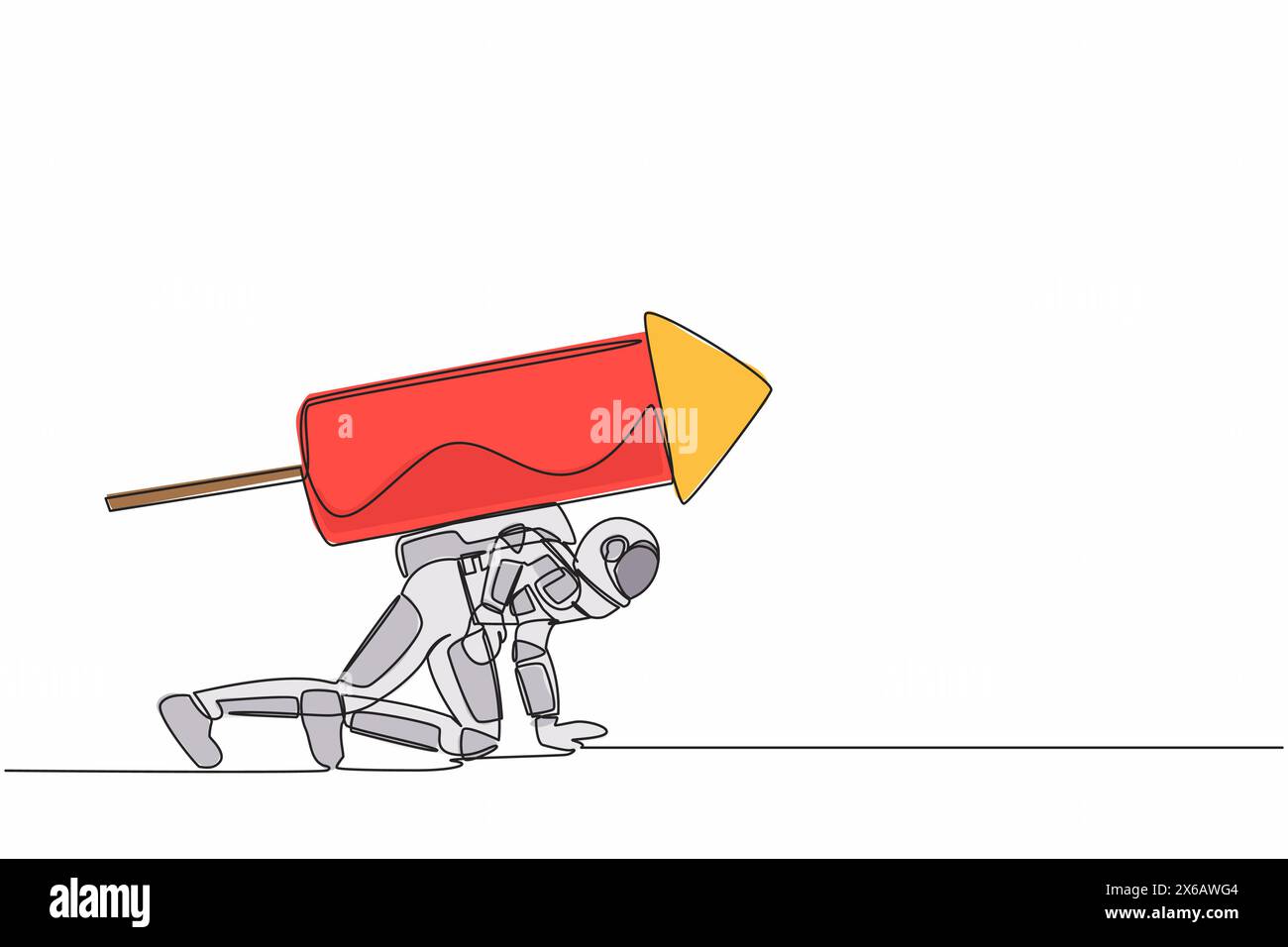 Continuous one line drawing young astronaut with rocket on back stand ...