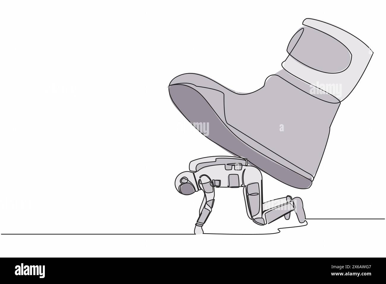 Single continuous line drawing of young astronaut crawling under giant ...