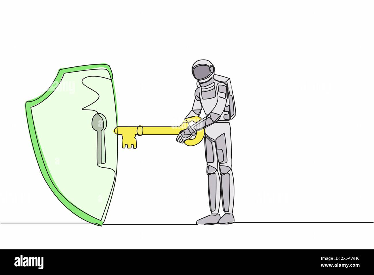Single continuous line drawing of young astronaut put key into shield ...