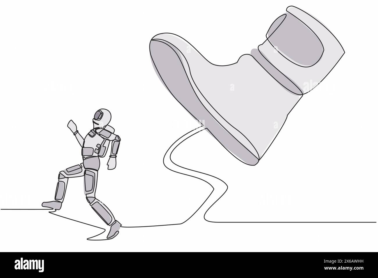 Continuous one line drawing young astronaut run away from stomping foot ...