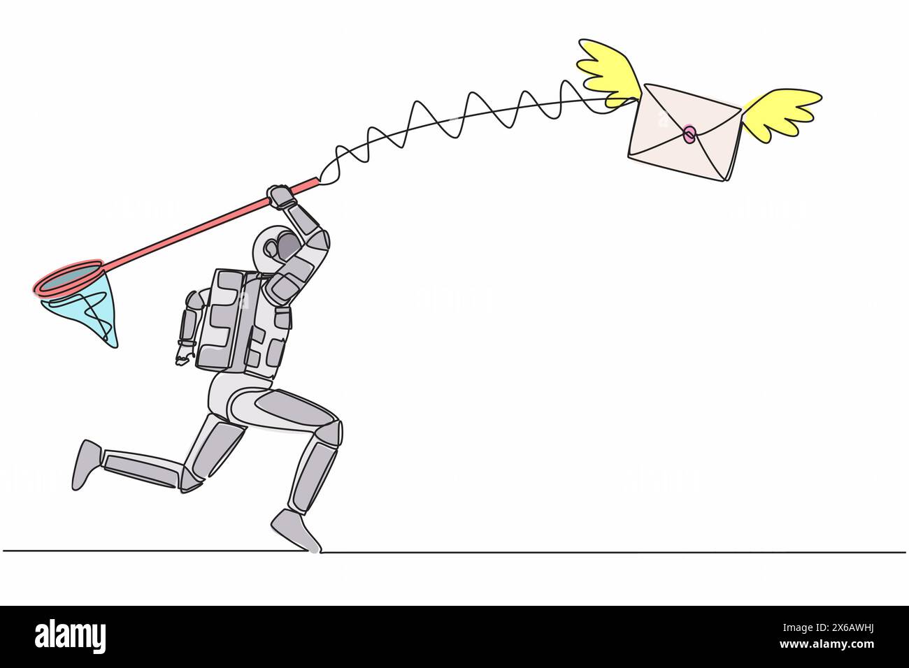 Continuous one line drawing of young astronaut try to catching flying ...