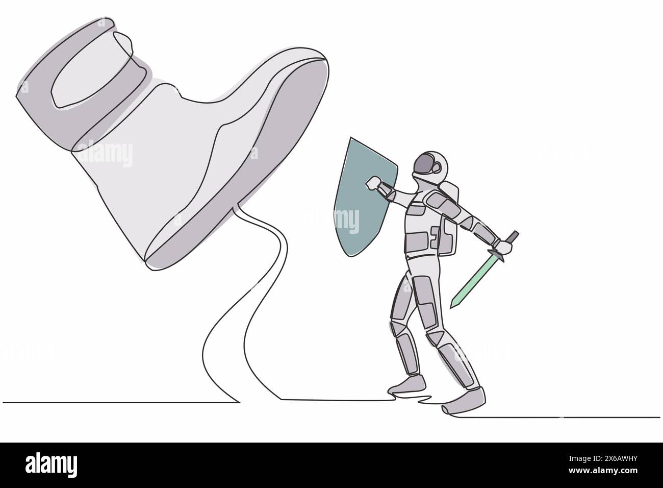 Single one line drawing young astronaut fight to giant foot with shield ...