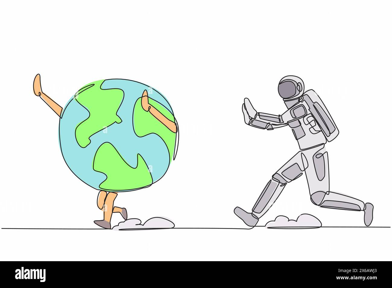 Continuous one line drawing young astronaut run chasing globe in moon ...
