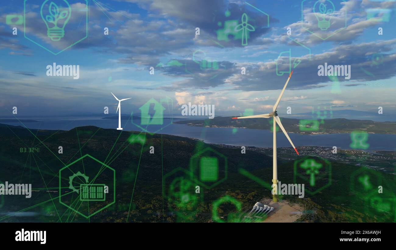 Alternative Energy. Wind farm. Aerial view of horizontal-axis wind ...