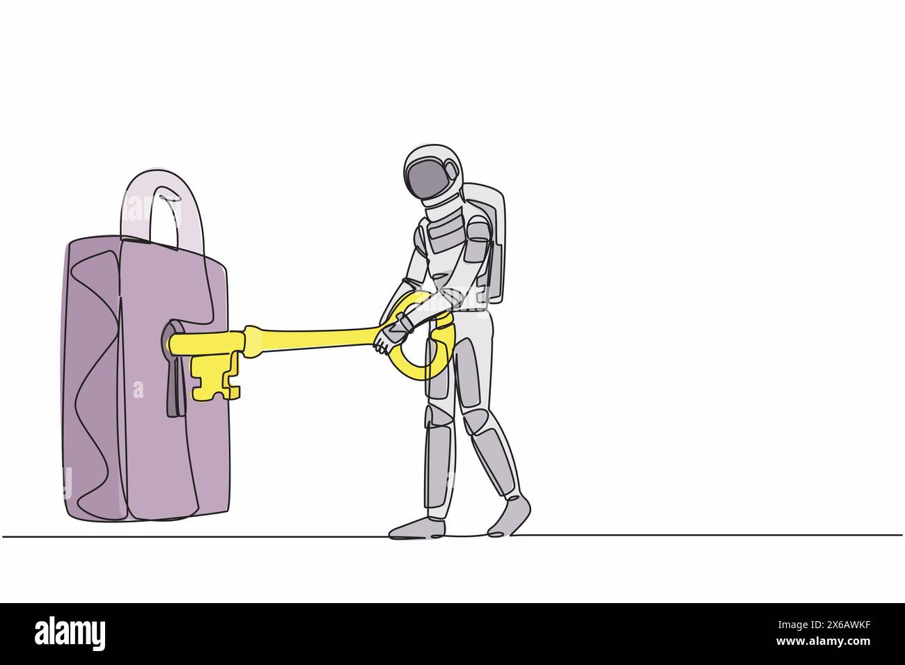 Single continuous line drawing of young astronaut putting big key into ...
