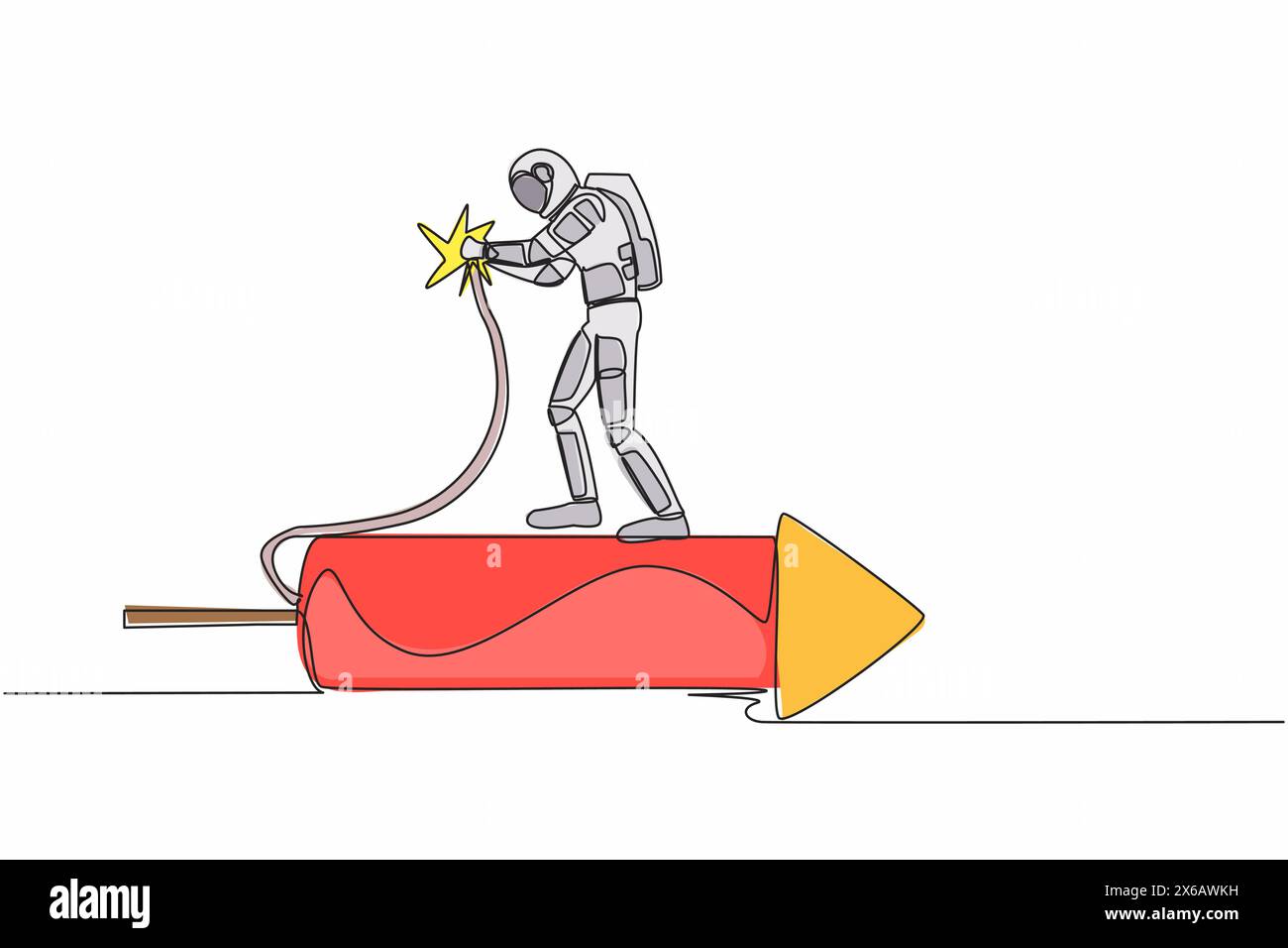Single continuous line drawing young astronaut standing on firework ...