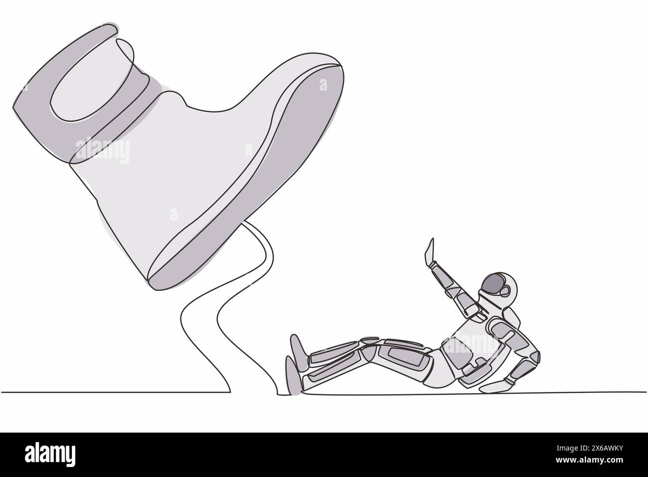 Single continuous line drawing of young astronaut under giant foot in ...