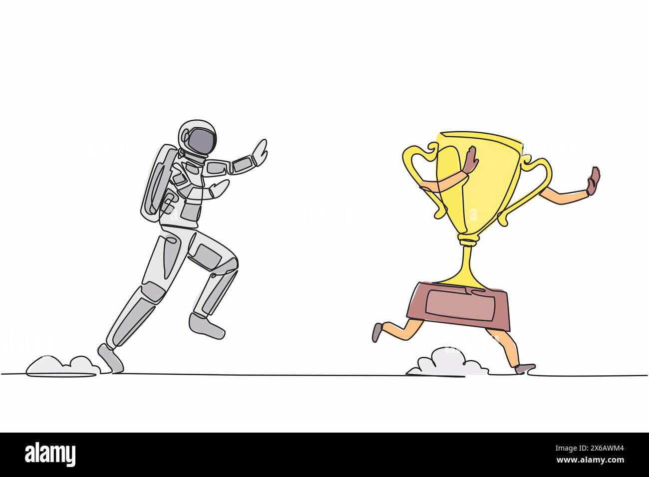 Single one line drawing young astronaut run chasing trophy in moon ...