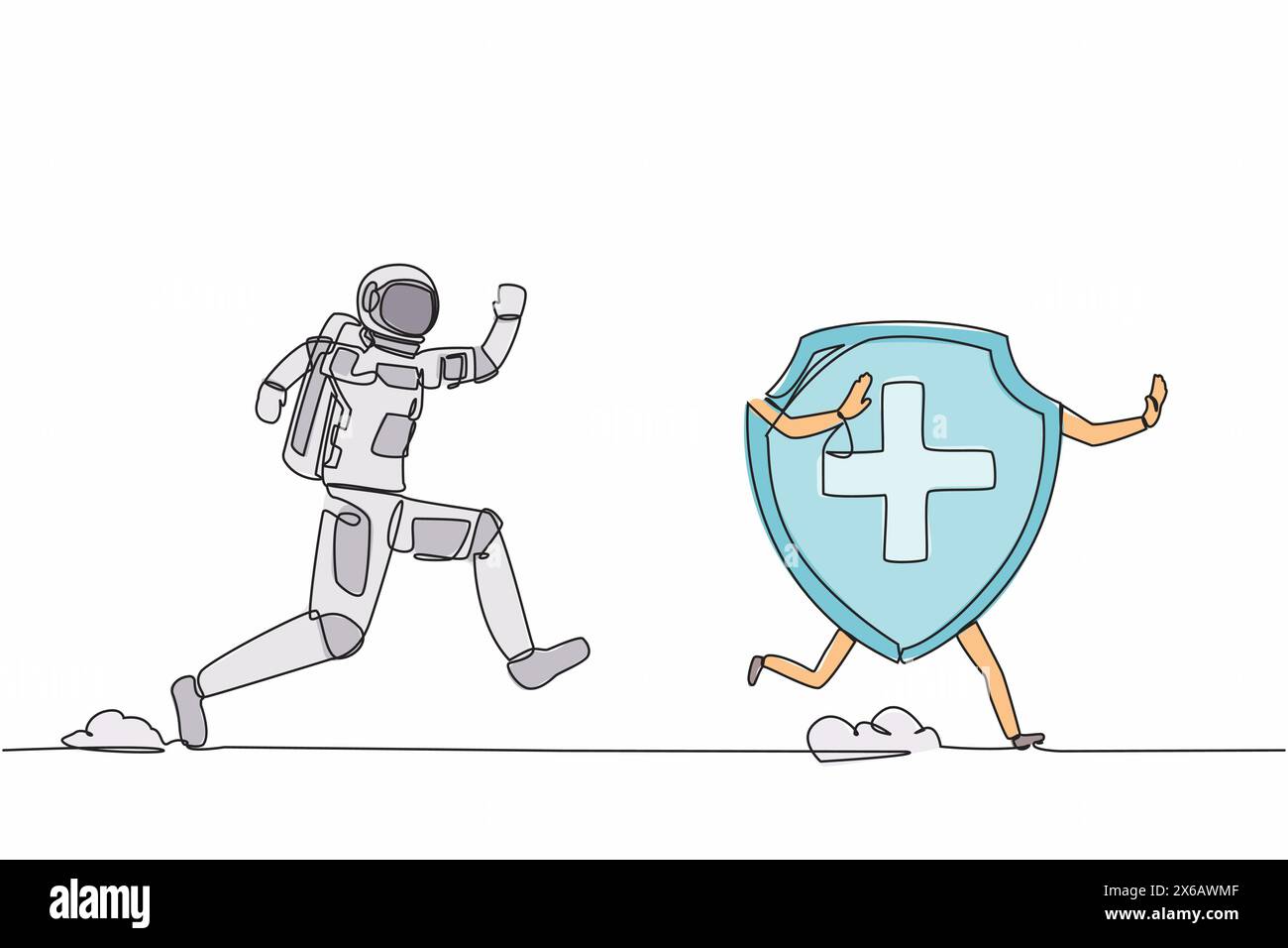 Single one line drawing young astronaut run chasing shield in moon ...