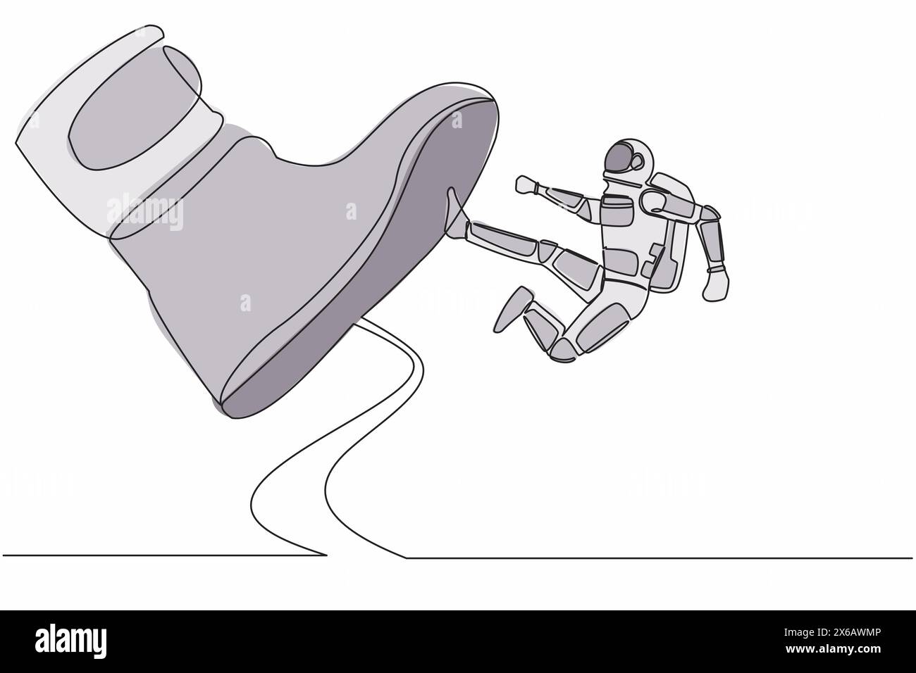 Continuous one line drawing young astronaut kick giant foot stomp in ...