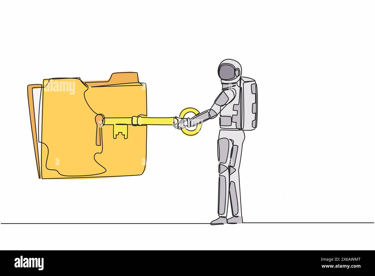 Single one line drawing young astronaut put key into folder icon ...