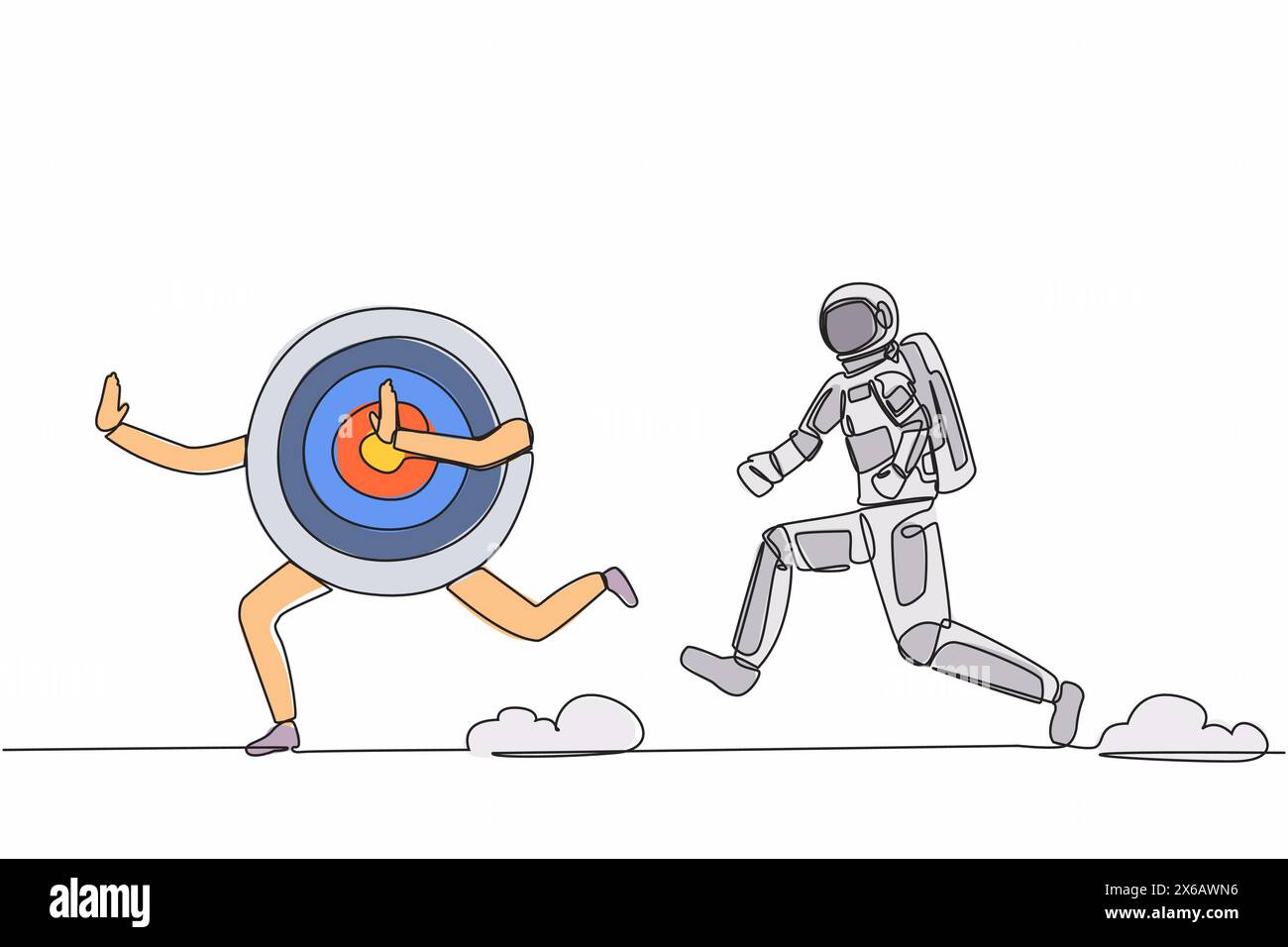 Single continuous line drawing astronaut run chase dartboard target in ...