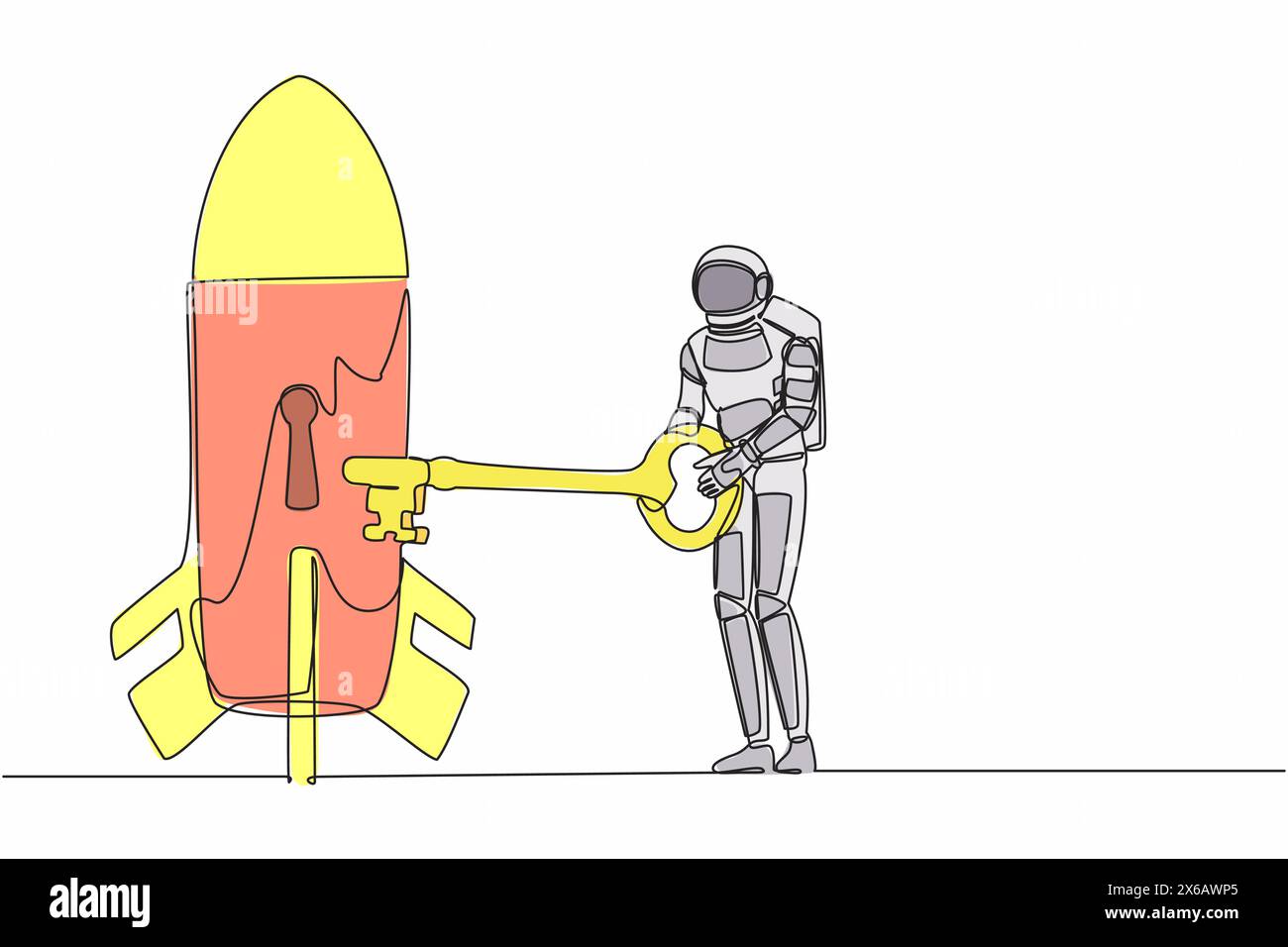 Single continuous line drawing young astronaut putting key into rocket ...