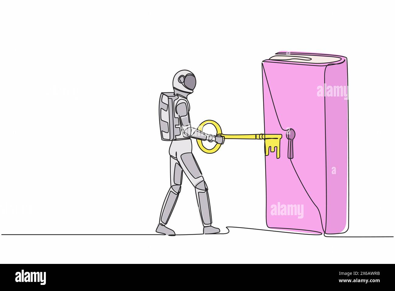 Continuous one line drawing astronaut putting key into book. Unlock ...