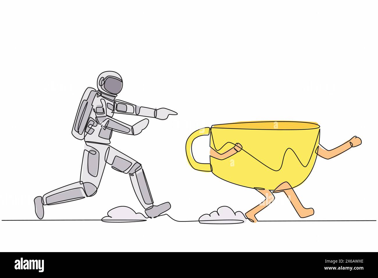 Single one line drawing young astronaut run chase coffee cup in moon ...